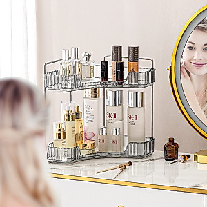 INVSSENE Corner Bathroom Countertop Organizer, 2 Tiers Vanity Trays for Bathroom Counter, Makeup Organizer, Perfume Tray, Kitchen Spice Rack, Fits 90 Corner, Smoky Gray