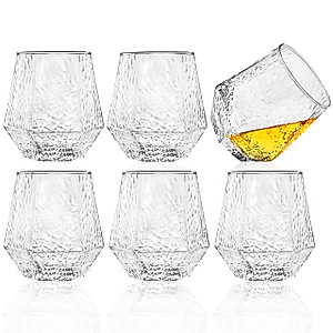 Diamond Glasses - Stemless Wine Glass Set of 6 - Geometric Tilting Design - Rolling Whiskey Glasses - Stem Less Anti Rocking Cup Diamonds Shaped - Tilted Glassware Drinking Tumblers for Wiskey/Wine