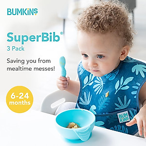 Bumkins Bibs for Girl or Boy, SuperBib Baby and Toddler for 6-24 Months, Essential Must Have for Eating, Feeding, Baby Led Weaning Supplies, Mess Saving, 3-pk Hangry, Dinosaurs, and Blue Tropic