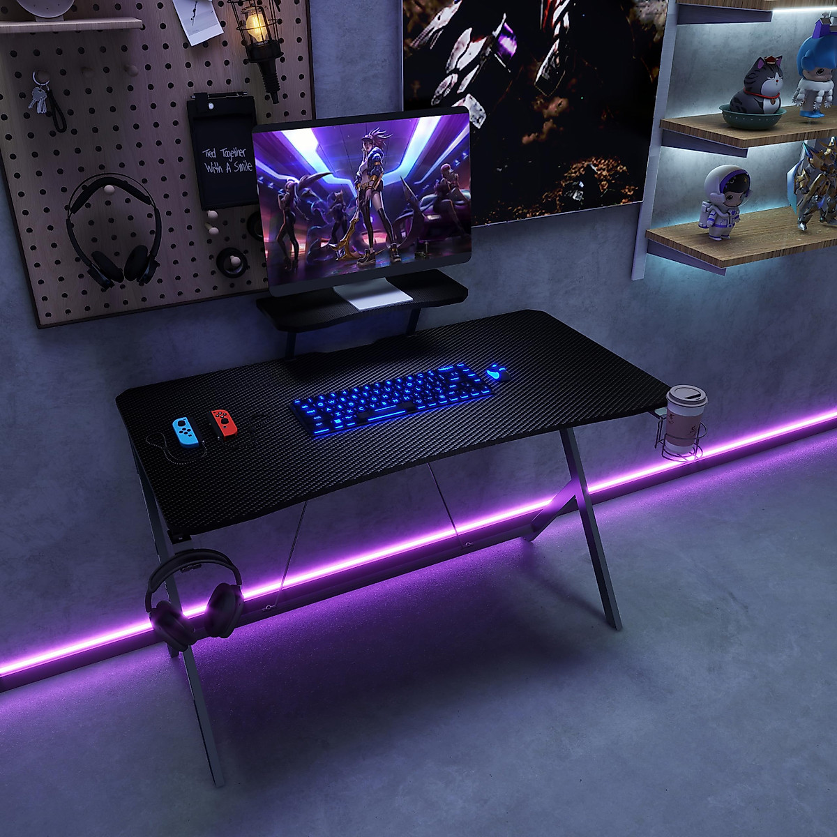 DEILALY 45IN Gaming Desk Gamer Table Carbon Fiber Surface Computer Table Gamer Desk with Monitor Shelf Office Home Study Desk Work PC Table Steel Legs Corner Desk Black