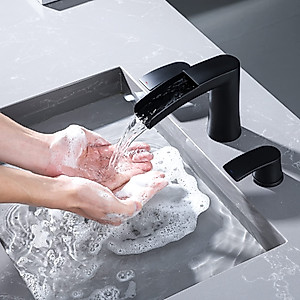 TIORIY Black Bathroom Faucets for 3 Holes Sink - 2-Handle Bathroom Sink Faucet with Drain for Sink 3 Hole, Waterfall Bathroom Faucet with Pop Up Sink Drain Stopper, Black Washbasin Faucet