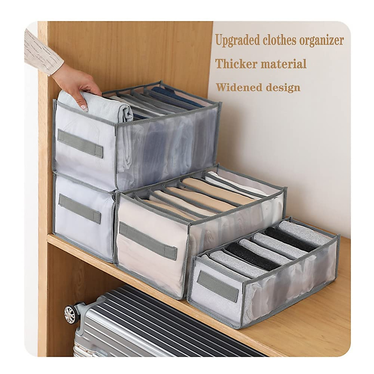 2 Pack Wardrobe Clothes Organizer, 9 Compartment Large Clothes Drawer Organizer Closet Divider with Handle, Widen Thicken Washable Foldable Clothes Storage Box for Jeans Pants Leggings Folded Clothes