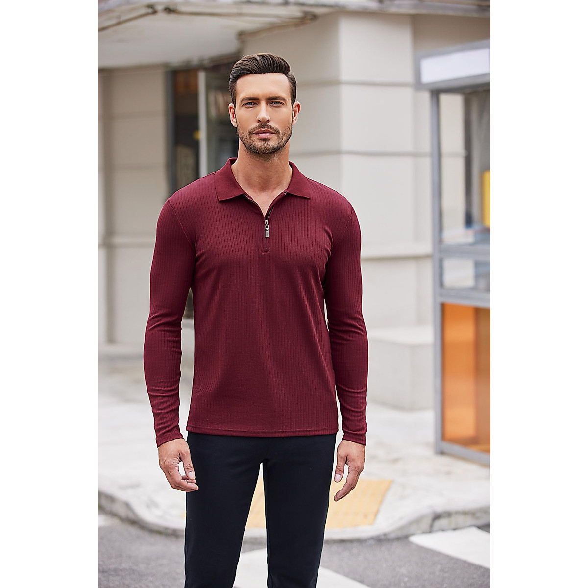 COOFANDY Men's Fitted T Shirts Long Sleeve Slim Fit Knitted Muscle Polo Shirts Stretch Pullover Shirts for Men Wine Red