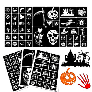 XMASIR 45Pcs Halloween Glitter Tattoo Stencil Kit for Kids,Halloween Pumpkin Stencils Temporary Tattoo Sticker Children Drawing Templates(3 Sheets)