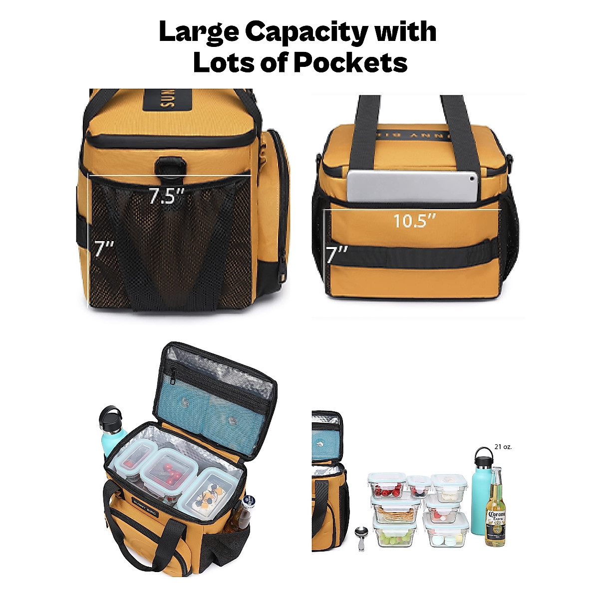 SUNNY BIRD 12L Large Insulated Lunch Bag, Leakproof and Foldable Lunch Cooler Box for Women Adult and Men, Fits 18 Cans (Ochre 01)