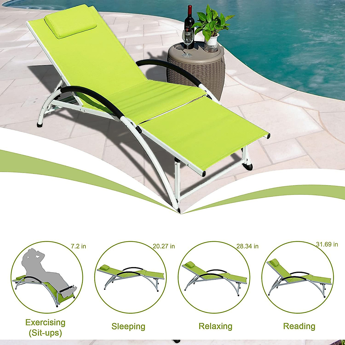 Sundale Outdoor Adjustable Patio Chaise Lounge, 6 Position Lounge Chair, All Weather Outdoor/Indoor Lounge for Reading, Meditation, Sleeping, Exercising, Green