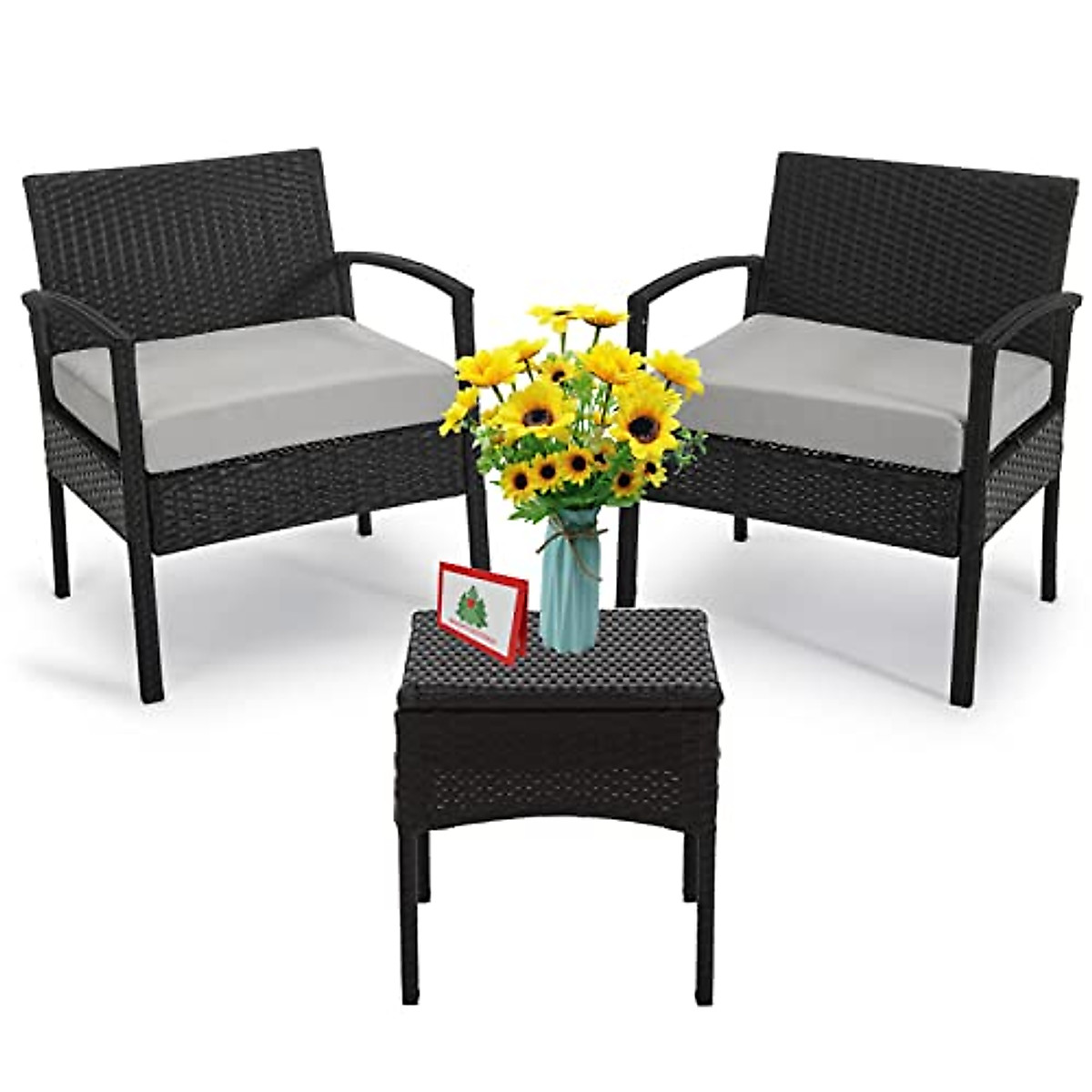 3 Piece Patio Set Balcony Furniture Outdoor Wicker Chair Patio Chairs for Patio, Porch, Backyard, Balcony, Poolside and Garden with Coffe Table and Cushions Gray