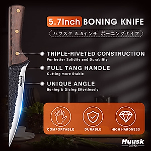 Huusk Boning Knife for Meat Cutting - 5.7" Deboning Knife with Sheath - Japanese High Carbon Steel Fillet Knife - Hand Forged Trimming Knife - Kitchen Chef Knives for Meat, Fish, Poultry