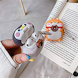 UR Sunshine AirPods 1/2 Case, Cute Standing Grey Penguin Holding Donut in Hand Shape AirPods Cover Case, Soft Silicone Gel Kawaii Puppy Charging Earphone Case for AirPods 1/2 +Hook
