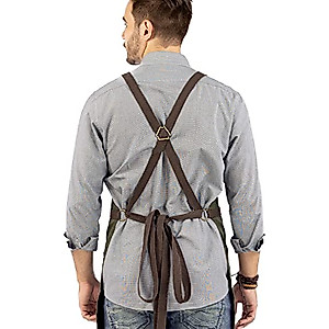 Under NY Sky Essential Army Green Apron – Cross-Back with Durable Twill and Leather Reinforcement – Adjustable for Men and Women – Pro Chef, Tattoo Artist, Baker, Barista, Bartender, Server Aprons