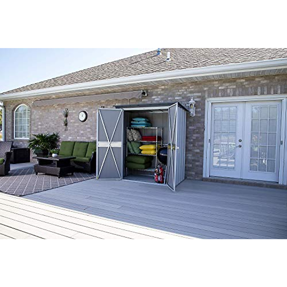 Arrow Shed Designed 5' x 3' x 6' Compact Outdoor Metal Backyard, Patio, and Garden Shed Kit, Flute Gray and Anthracite