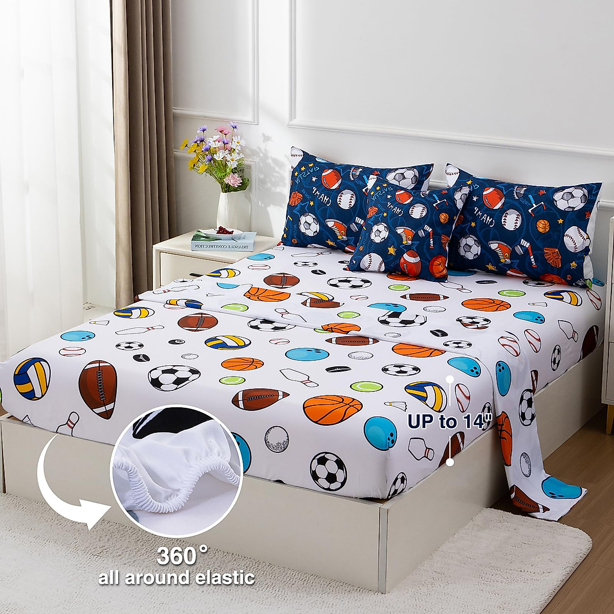 A Nice Night 6Pcs Bed in A Bag Full Sports Microfiber Modern Comforter Set,Navy Rugby Ball Printed Bedding Collections,for Boys Kids Teen