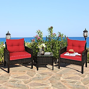 RELAX4LIFE 3-Piece Patio Furniture Set, PE Rattan Wicker Outdoor Conversation Set w/Glass Top Coffee Table & Thick Cushions for Deck Porch Balcony Garden, Bistro Table and Chairs Set of 2 (Red)