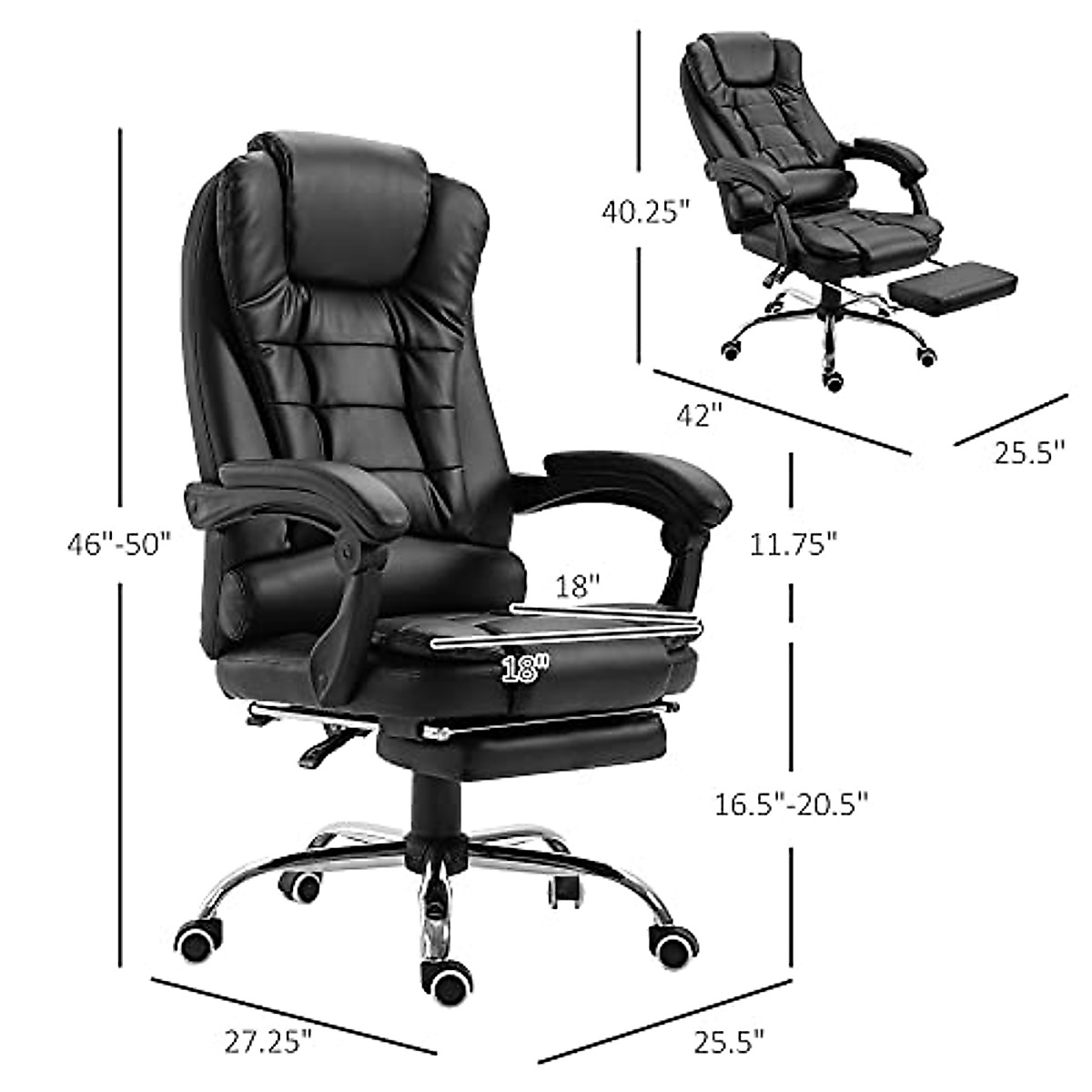 HOMCOM High Back Ergonomic Executive Office Chair, PU Leather Computer Chair with Retractable Footrest, Lumbar Support, Padded Headrest and Armrest, Black