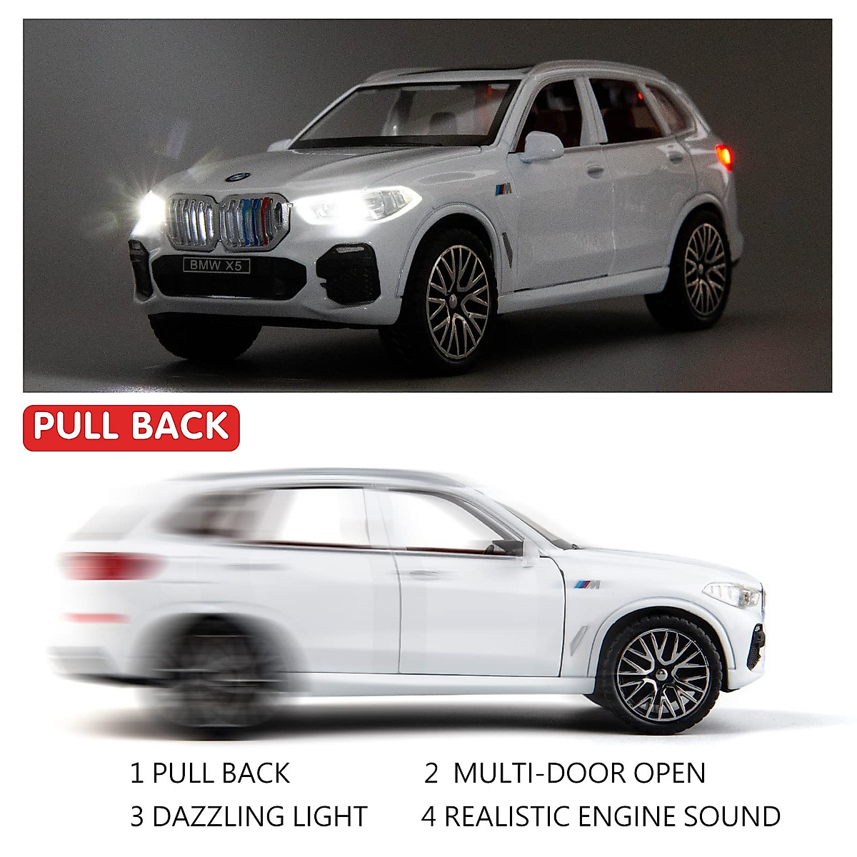 BDTCTK 1:32 Comapatible for X5 SUV Model Car Toy, Zinc Alloy Pull Back Toy car with Sound and Light for Kids Boy Girl Gift(White)