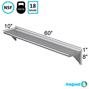 AmGood 10" X 60" Stainless Steel Wall Shelf | NSF | Metal Shelving | Garage, Laundry, Storage, Utility Room | Restaurant, Commercial Kitchen