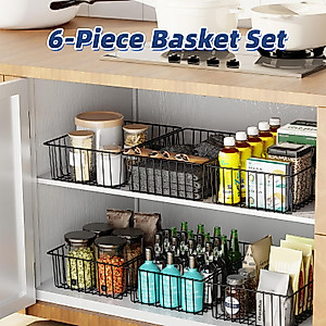 Simple Trending 6 Pack Large Wire Baskets for Organization, Metal Pantry Storage Baskets for Cabinet, Kitchen, Garage, Bathroom, Black