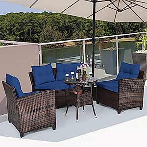 Tangkula 4-Piece Patio Furniture Set, C-Shape Outdoor Wicker Sectional Sofa Set, w/Cushions & Glass Coffee Table, Modern Deck Rattan Furniture for Garden Poolside Balcony (Navy Blue)