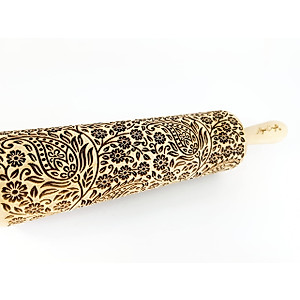 KASHMIR pattern Embossed Rolling Pin. Engraved Dough Roller with Paisley for Embossed Cookies and Pottery by Algis Crafts