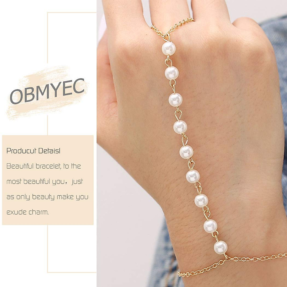 Obmyec Boho Pearl Finger Bracelets Gold Pearl Ring Hand Chain Wedding Beaded Slave Hand Harness Bracelets Bridal Hand Jewelry for Women