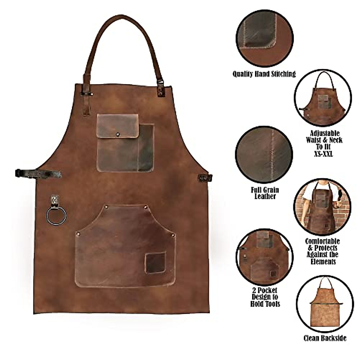 ELW Full Grain Leather Apron-2 Pouch Leather Apron, BBQ Apron, Men and Women's Apron, Kitchen, Cooking, Bartending, Workshop, Blacksmith, Gardening, One Size Fit Adjustable for Men & Women Dark Brown
