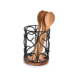 EDHAS Iron Utensil Holder With Acacia Wood Base Kitchen Counter Organizer Round Flatware Storage for Countertop (4.5" x 4.5" x 6")