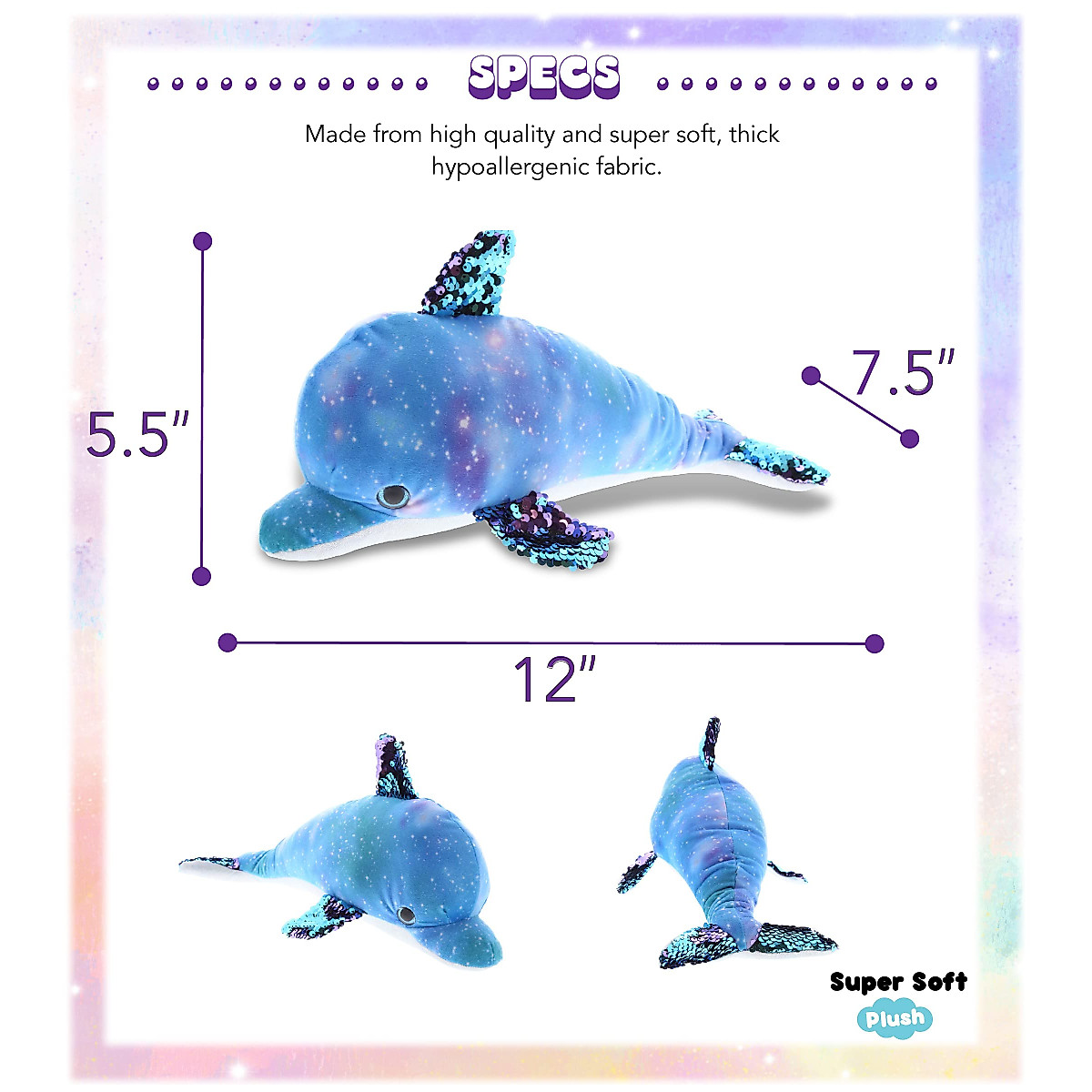 DolliBu Dolphin Space Sequin Plush - Dolphin Stuffed Animal Reversible Sequin Plush, Space-Themed Cute Stuffed Animals for Girls and Boys, Perfect Reversible Plush Dolphin for Room Décor - 12 Inches