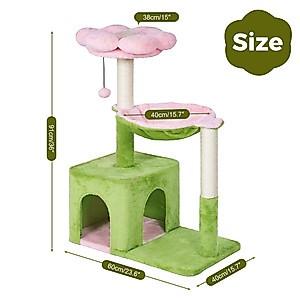 Pawfessor Flower Cat Tree 4 in 1 Cat Scratching Post for Indoor Cats 34" Small Cat Tower for Large Cats, with Full Scratch Posts,15.7”Large Hammock, Removable Perch and Wide Condo for Indoor Cats-Pink