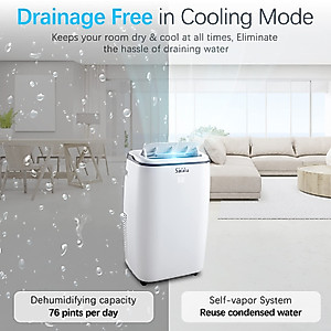 Sinlaku Portable Air Conditioner, Dehumidifier, Fan, for Rooms up to 450 sq ft Enabled 14,000 BTU (10,000 BTU SACC) With Remote Control, Portable 3-in-1 Air Cooler