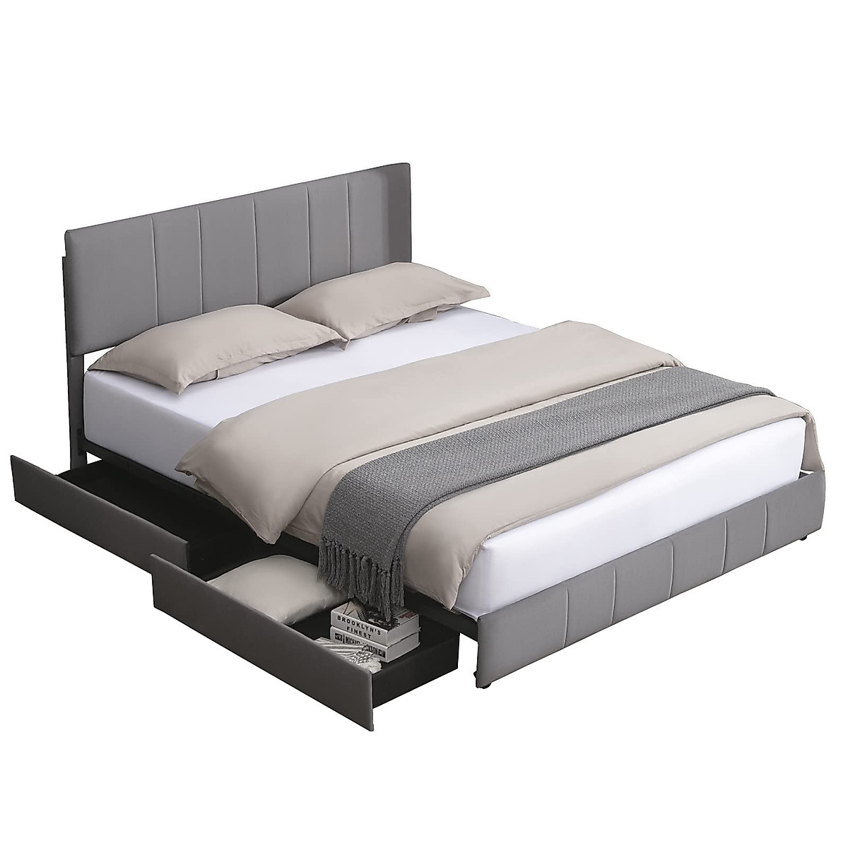 Platform Full Size Bed Frame with 4 Storage Drawers,Upholstered Full Bed Frame with Velvet Tufted Headboard Adjustable,Solid Wooden Slat Support,No Box Spring Needed,Dark Grey