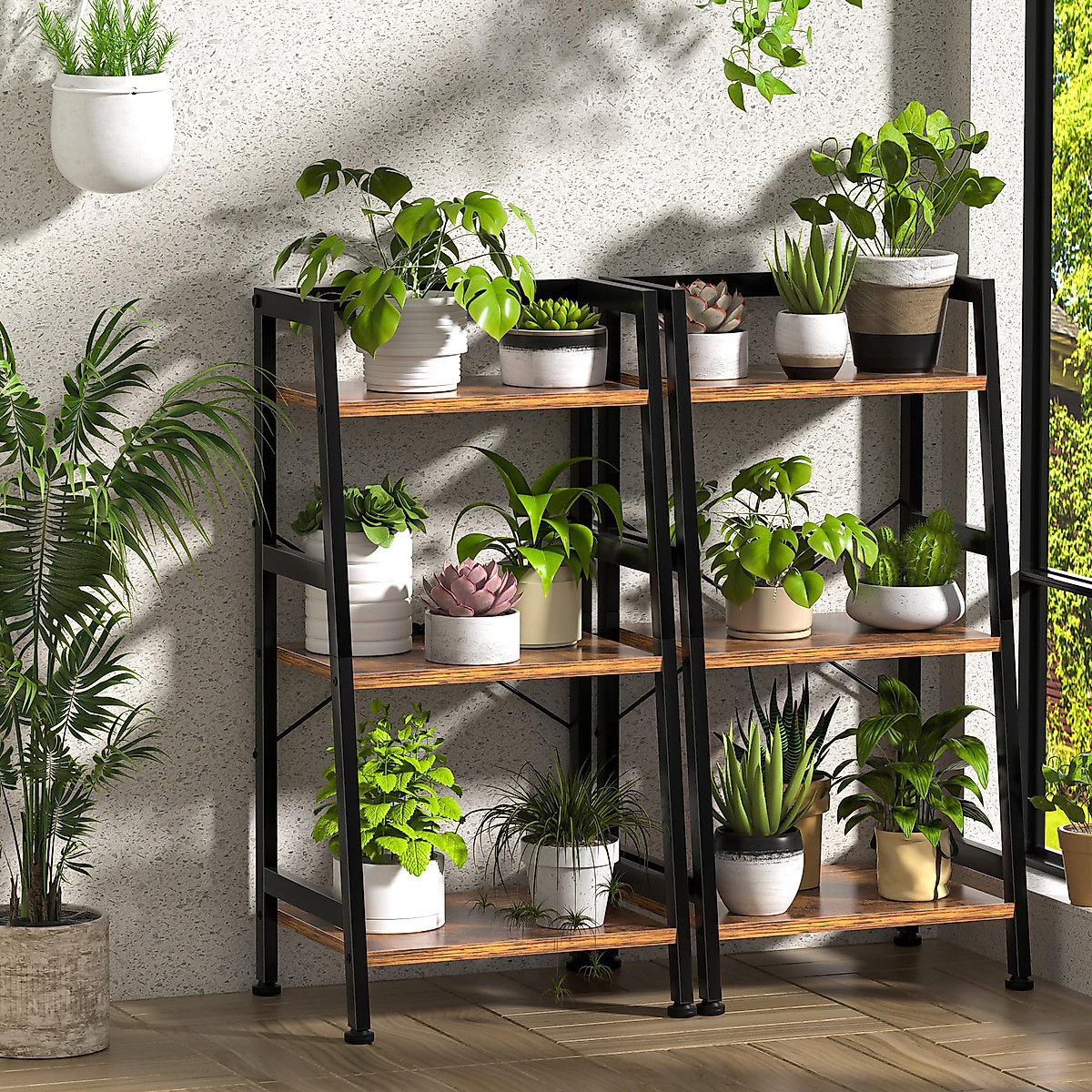 3-Tier Bookshelf, Ladder Shelf, Industrial Bookcase with Steel Frame, Metal Small Bookcase, for Living Room, Home Office, Kitchen, Bedroom, Industrial Style（Rustic Brown & Black）