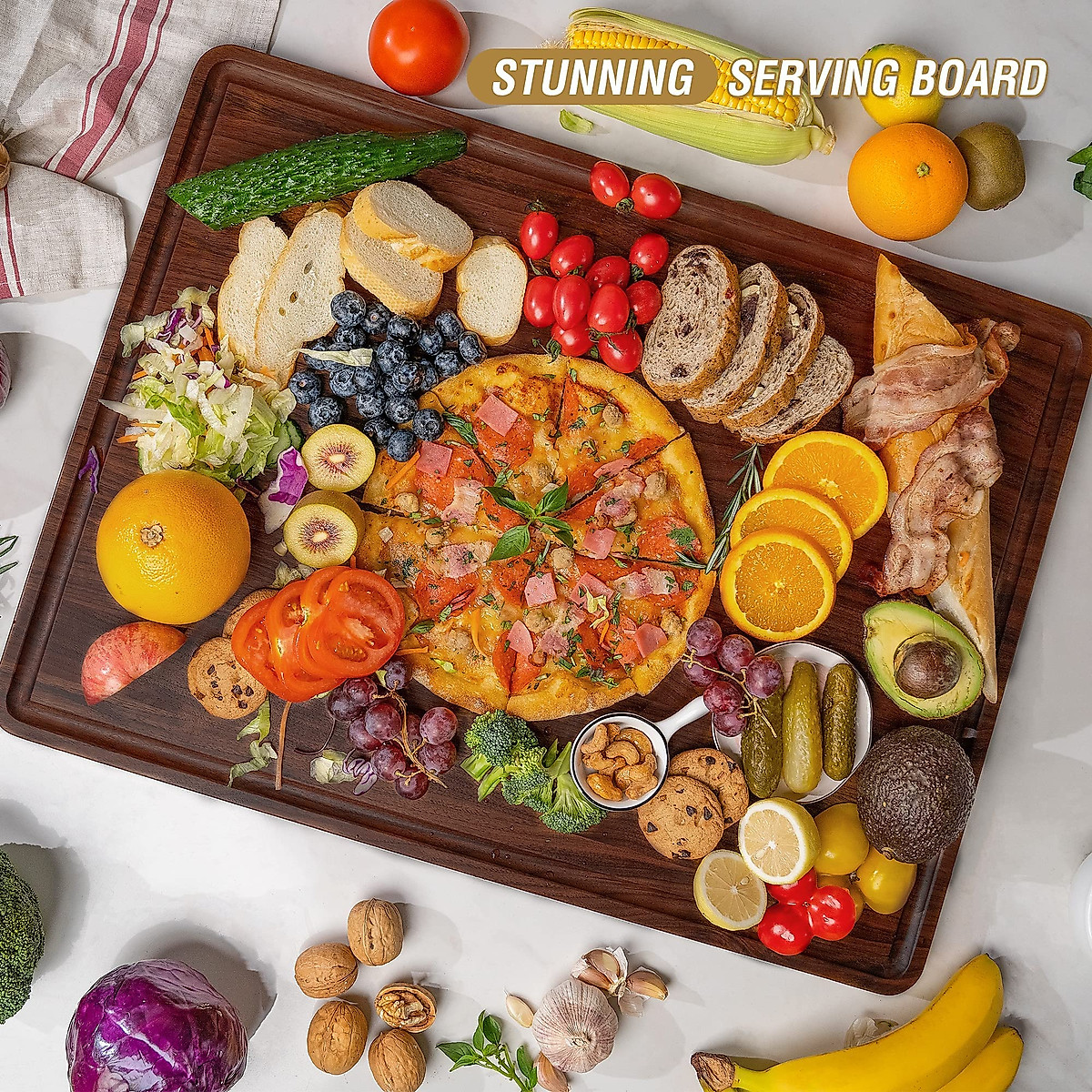 AZRHOM XXL Large Walnut Wood Cutting Board for Kitchen 24x18 (Gift Box) with Juice Groove Handles Non-slip Mats Thick Reversible Butcher Block Chopping Board