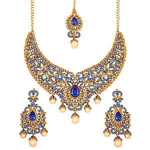 Touchstone Indian jewelry bollywood for women statement necklace sets wedding blue royal bridal ornaments big large matha tikka statement rajasthani mangtika traditional quality in antique gold tone.