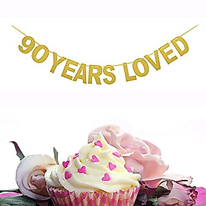 Qibote Gold Glitter 90 Years Loved Banner for 90th Birthday, 90 Wedding Anniversary Party Decorations