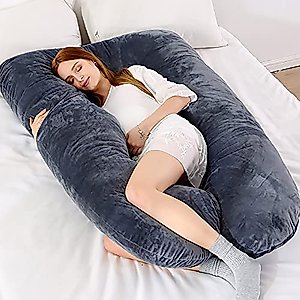 Creatop Pregnancy Body Pillows with Velvet Cover, U Shaped Full Body Pillow, Long Maternity Pillow, Support for Back, Neck, Legs, Hip and Belly Removable Washable Cover, 55 inches Black