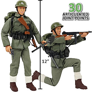 Click N' Play WWII Allies Army Infantry 12” Action Figure Plat Set with Accessories - Click N Play Military WW2 Toys