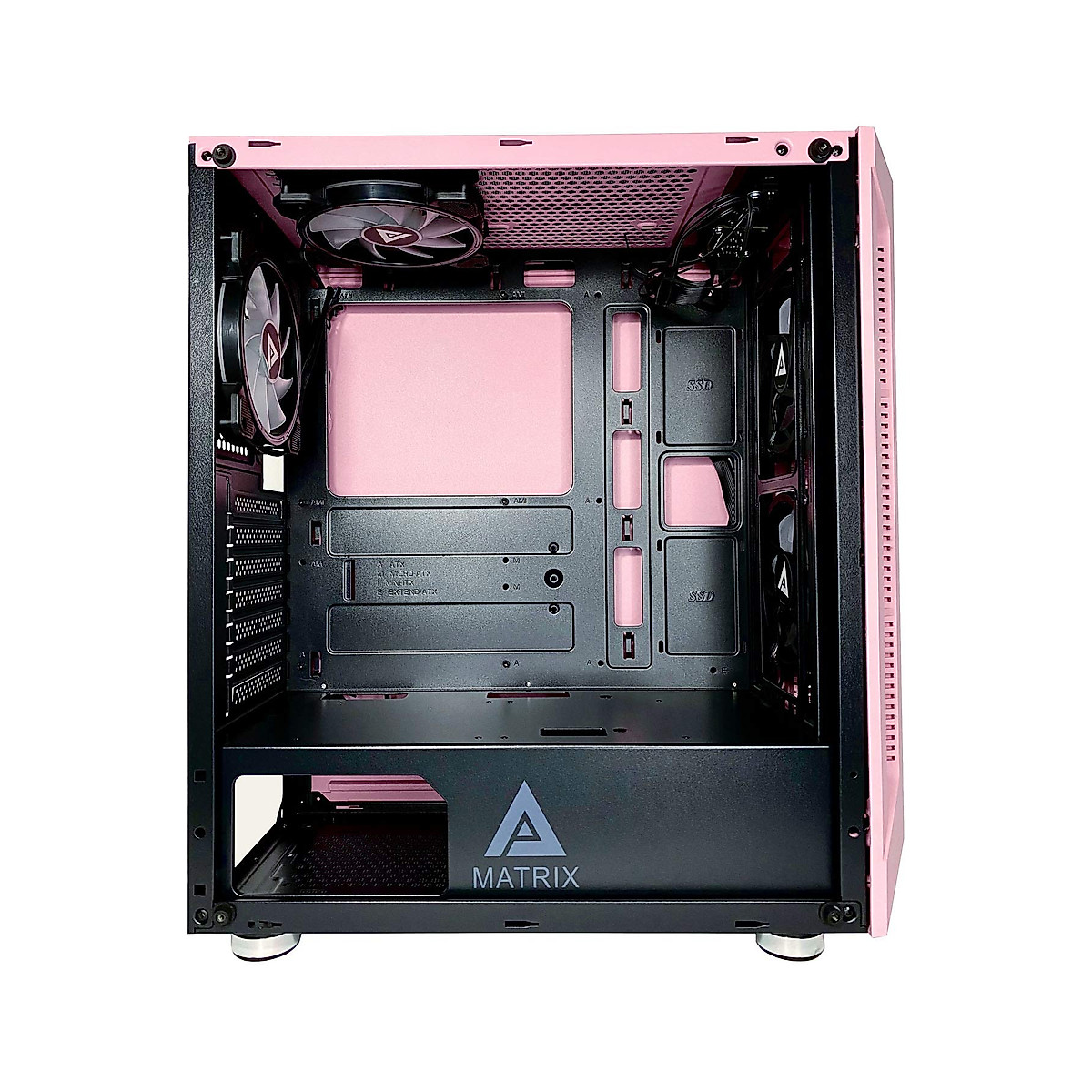 Apevia Matrix-PK Mid Tower Gaming Case with 1 x Tempered Glass Panel, Top USB3.0/USB2.0/Audio Ports, 4 x RGB Fans, Pink Frame