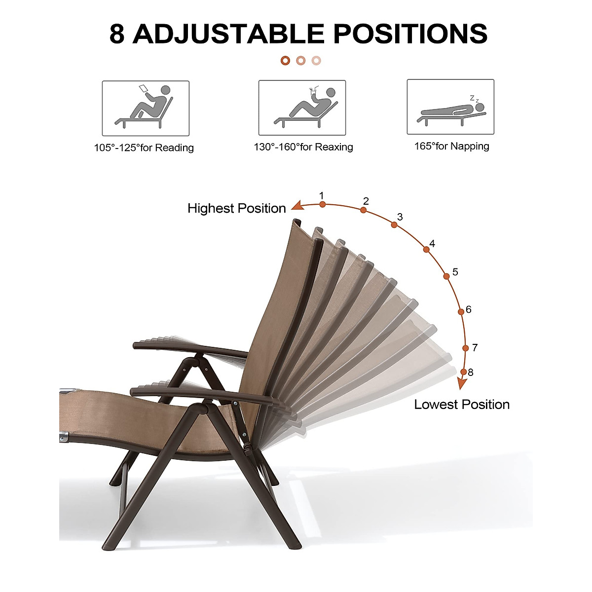 Crestlive Products Chaise Lounge Chair Outdoor Set of 2, Aluminum Folding Patio Recliner Chair, Adjustable 8 Positions Assemble-Free Perfect for Beach, Yard, Pool, Deck (Brown)