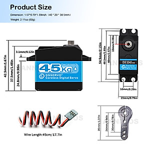 ANNIMOS 45KG High Torque Servo 8.4V Coreless RC Steering Servo Motors Stainless Steel Gear Low Profile Waterproof for 1/8 1/10 1/12 Scale Cars DIY Robotic - 180 Degree