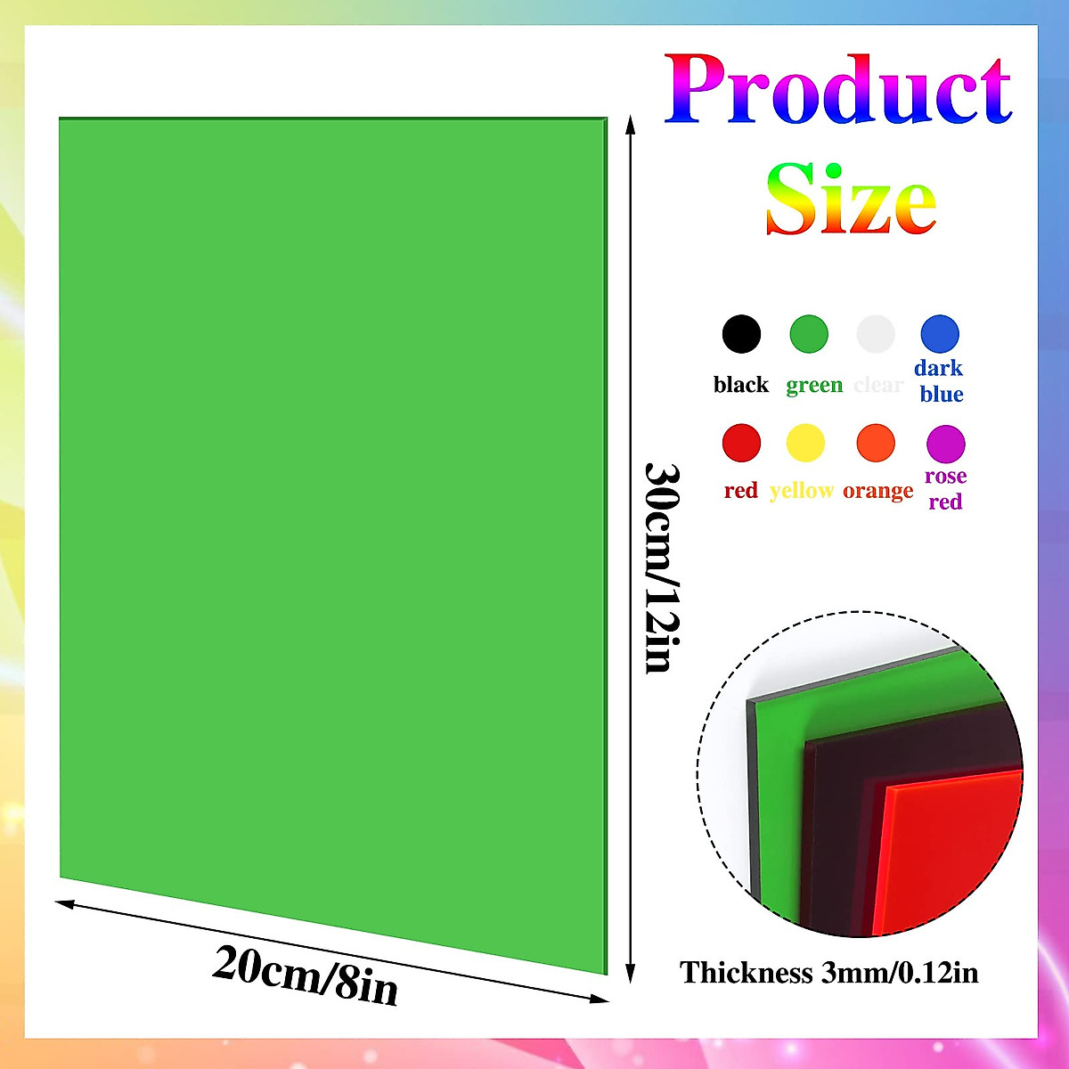 8 Pack Colored Acrylic Sheets 8 X 12 Inch, Translucent Cast Acrylic Sheet Plexiglass Sheet 1/8 Inch Thick Acrylic Panel Colored Plastic Sheets for Art Crafts Painting DIY Display, 8 Colors