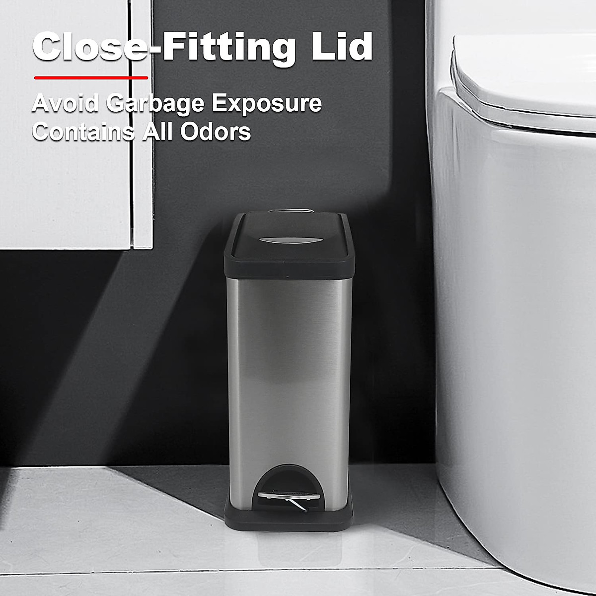 Hompus 2.1Gal/8L Stainless Steel Trash Can with Lid Soft Close, Removable Inner Waste Basket, Slim Small Garbage Can for Bathroom Bedroom Office, Rectangular Step Trash Bin, Anti-Fingerprint Finish