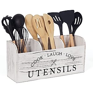 PuGez Kitchen Utensil Holder Wooden Farmhouse Utensil Holders for Countertop Rustic Utensil Holder for Kitchen Counter Wood Cooking Utensil Holder Storage Organizer for Home Decor (Wood 02)