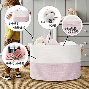 COMFY-HOMI New Extra Large Blanket Storage Basket 21''x21''x13.6''|Toy Organizers and Storage|Cotton Rope Woven Round Basket for Blanket|Baby Basket for Newborn-White/Pink