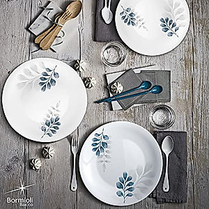 Bormioli Rocco White Moon Botanica Blue, Set Of 6, 10.75" Dinner Plates, Tempered Opal Glass Dishes, Dishwasher & Microwave Safe, Made In Spain.