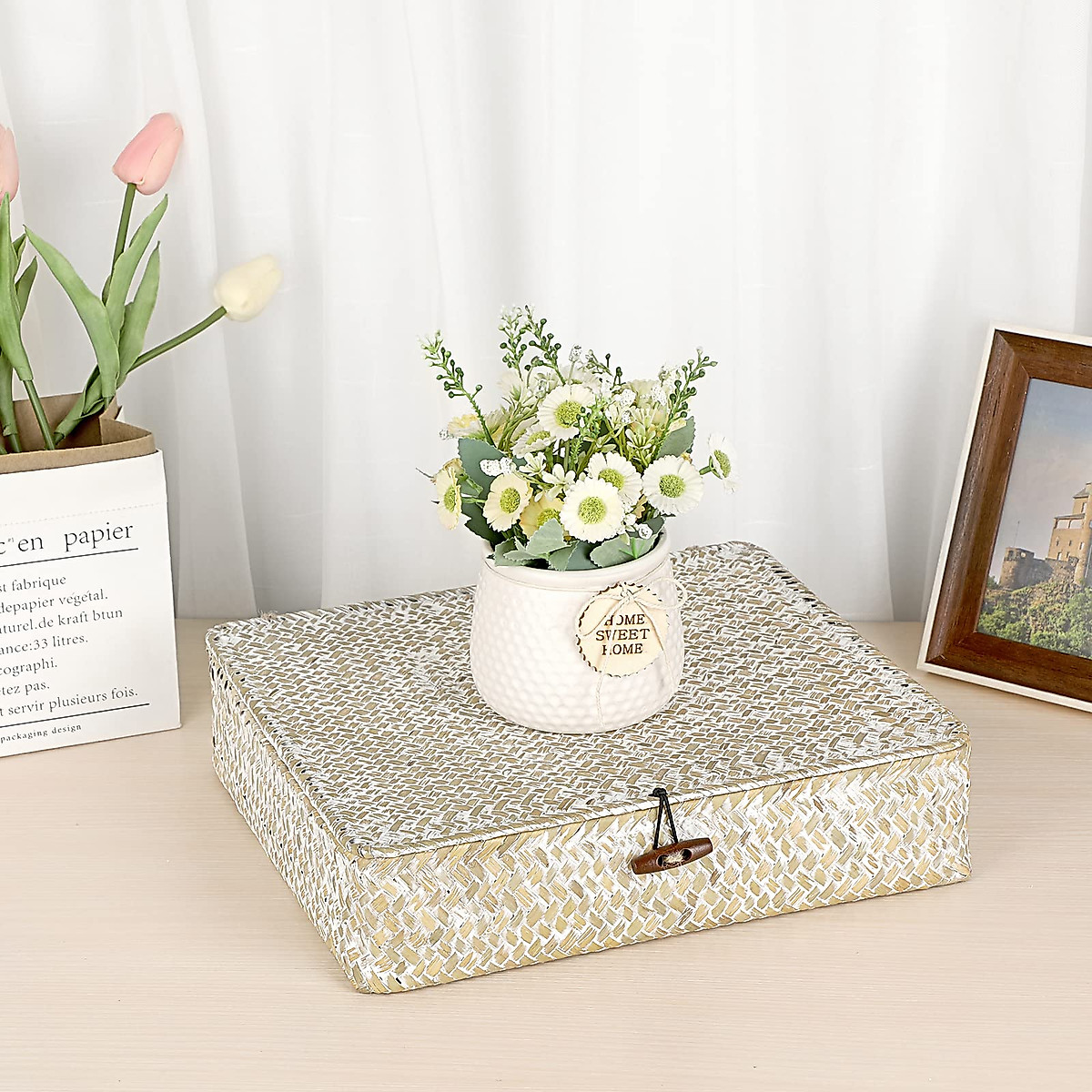 Hipiwe Seagrass Storage Bins with Lid Large Wicker Basket Box for Shelf Organizing Flat Woven Shelf Basket Bin Home Decorative Baskets for Closet Bedroom, Whitewash