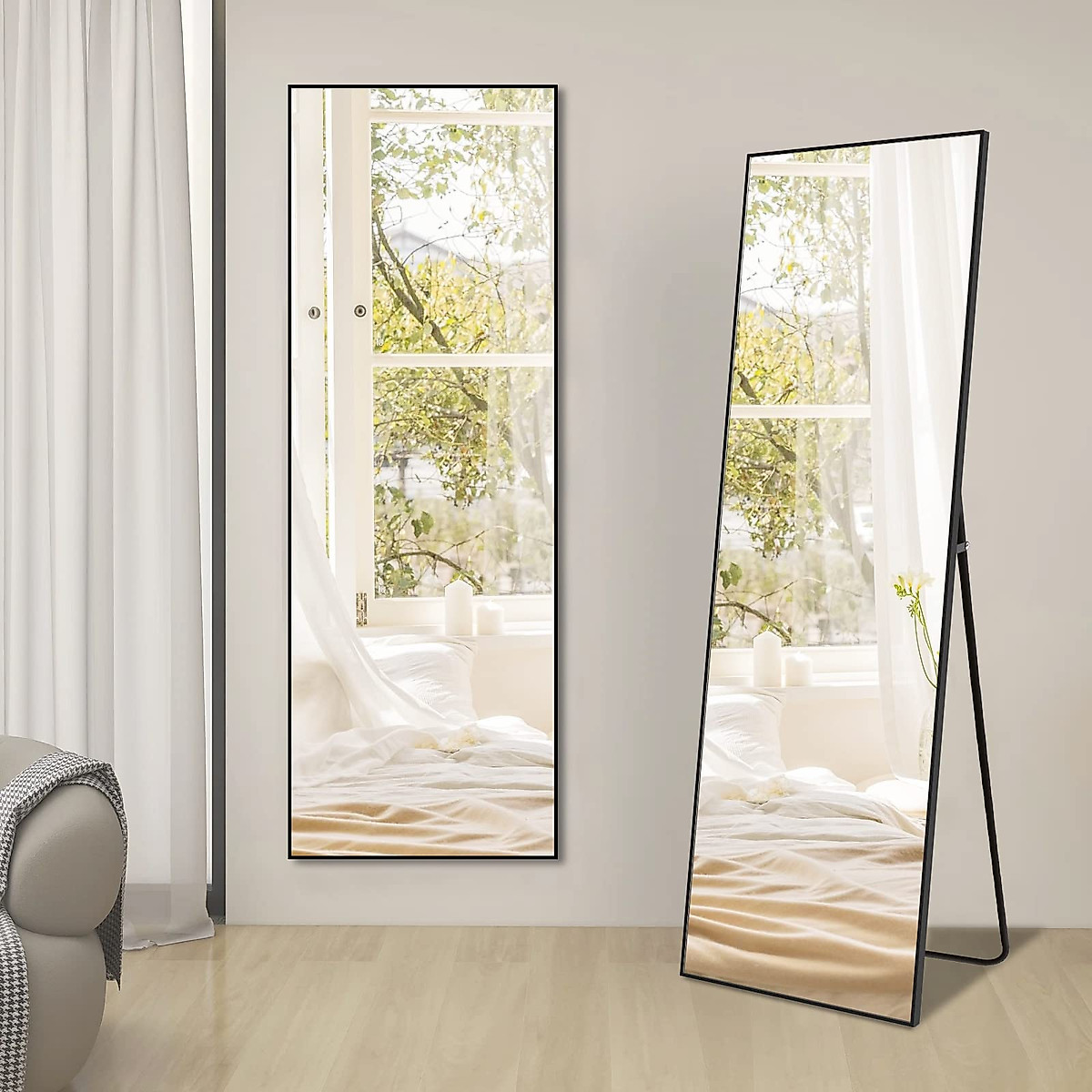 NUTTUTO Full Length Floor Mirror with Black Aluminum Alloy Frame, 64"x21"