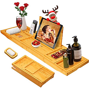 Kalrin Bathtub Tray for Tub, Upgraded Bamboo Bathtub Caddy Tray Expandable & Foldable with Free Soap Dish and Book Stand, Bathtub Table Tray for Luxury Bath Home Spa and Gift Choice - Fits Most Tubs