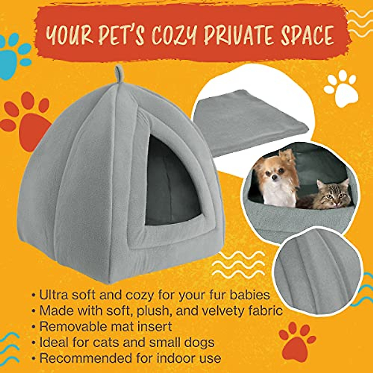 Cat House - Indoor Bed with Removable Foam Cushion - Pet Tent for Puppies, Rabbits, Guinea Pigs, Hedgehogs, and Other Small Animals by PETMAKER (Gray)
