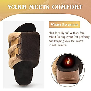 KuaiLu Womens Fuzzy Platform Open Toe Slippers with Arch Support Fluffy Furry Slides Orthotic Faux Fur Sandals Indoor Outdoor Brown Size 6