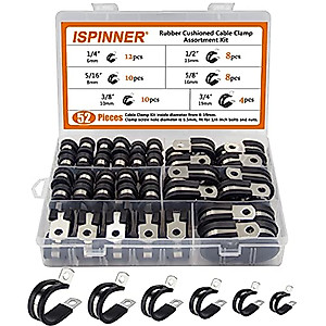 ISPINNER 52pcs Cable Clamps Assortment Kit, 304 Stainless Steel Rubber Cushion Pipe Clamps in 6 Sizes 1/4" 5/16" 3/8" 1/2" 5/8" 3/4"